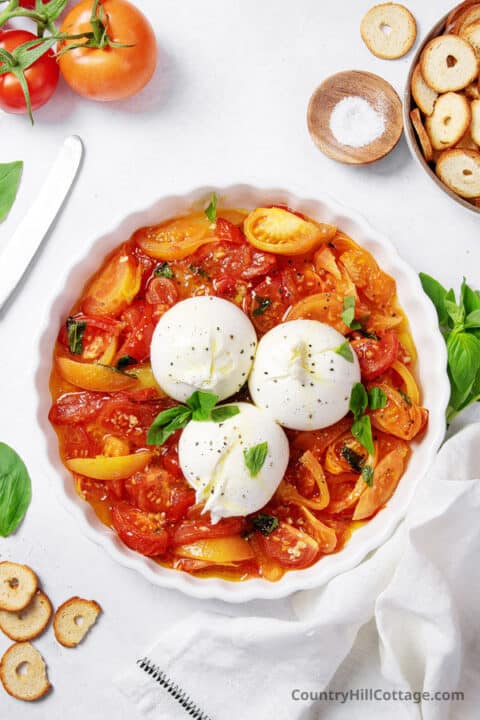 Baked Burrata with Roasted Tomatoes {Easy Appetizer Recipe}